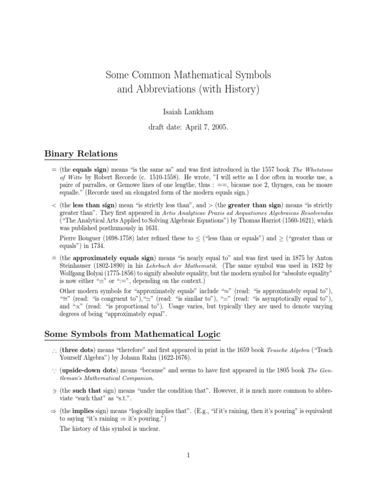Some Common Mathematical Symbols and Abbreviations (With History) | PDF ...