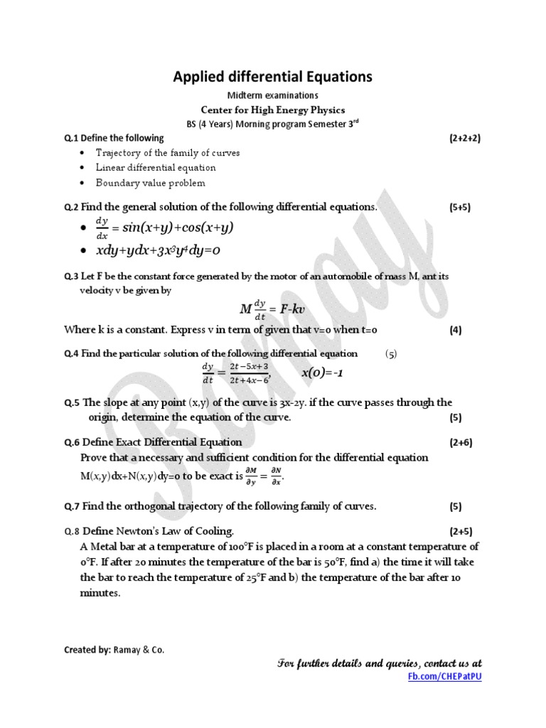 Midterm Exam: Applied Differential Equations | PDF | Science & Mathematics
