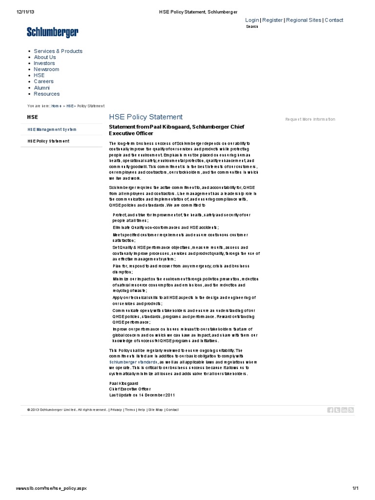 HSE Policy Statement, Schlumberger | PDF | Stakeholder (Corporate) | Safety