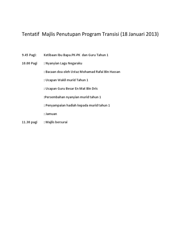 Tentatif Majlis Penutupan Program Transisi | PDF