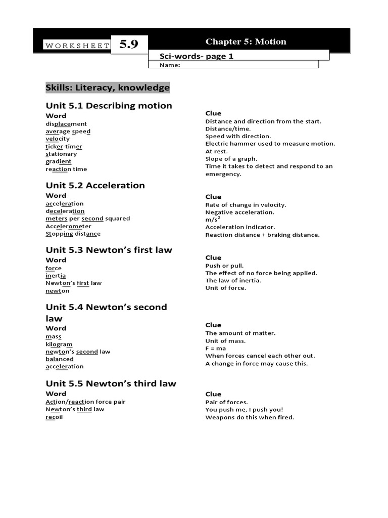 Motion Vocabulary Worksheet | PDF