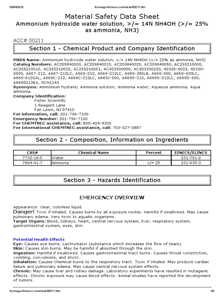 NH4OH Msds | PDF | Ammonia | Personal Protective Equipment