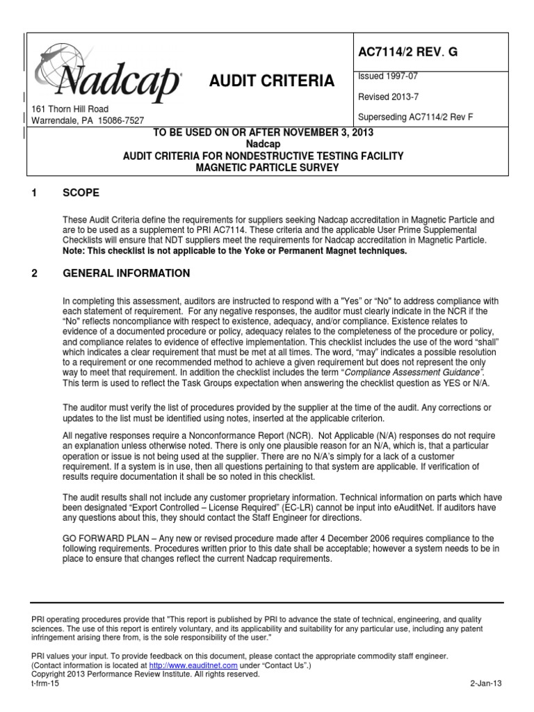 NADCAP Audit Criteria For Nondestructive Testing Facility Magnetic ...