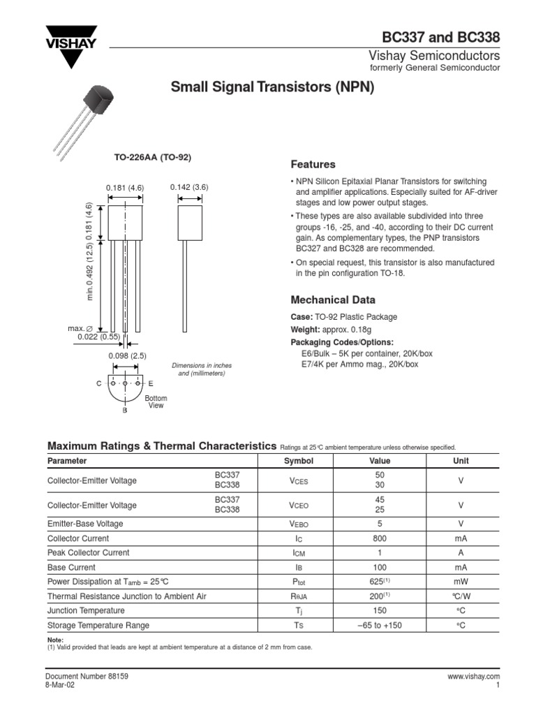 BC337 and BC338: Features | Download Free PDF | Bipolar Junction ...