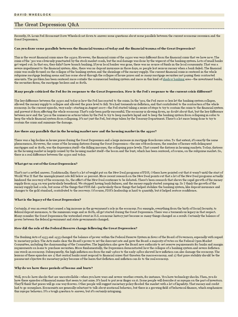 The Great Depression Q&A: David Wheelock | PDF | Great Depression ...