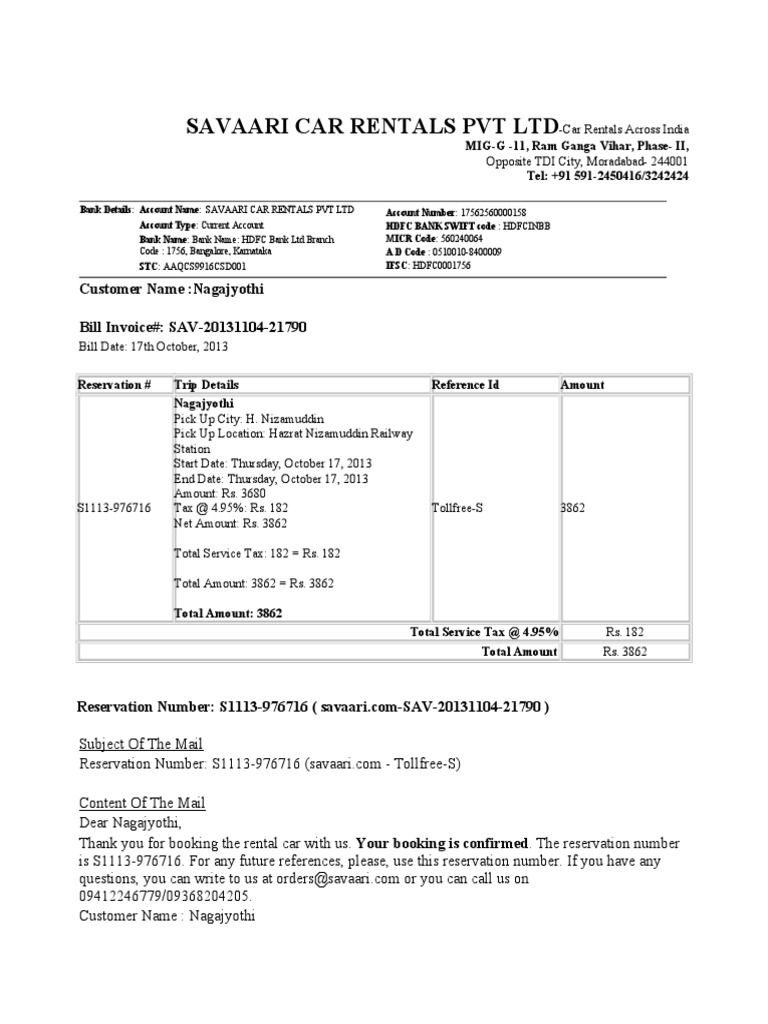 Savaari Car Rentals PVT LTD: Customer Name:Nagajyothi Bill Invoice ...