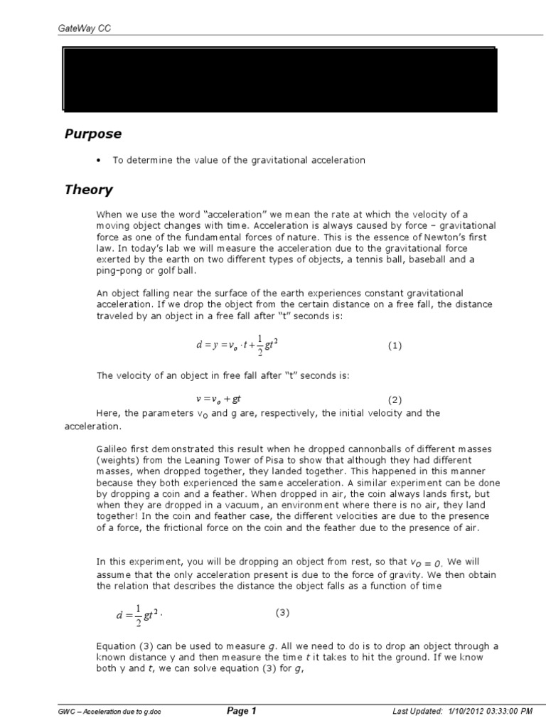 Acceleration Due To Gravity: PHY101 Physics Lab | PDF | Gravity ...