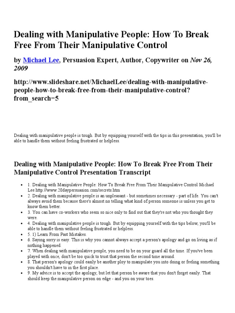 Dealing With Manipulative People - by Michael Lee | PDF