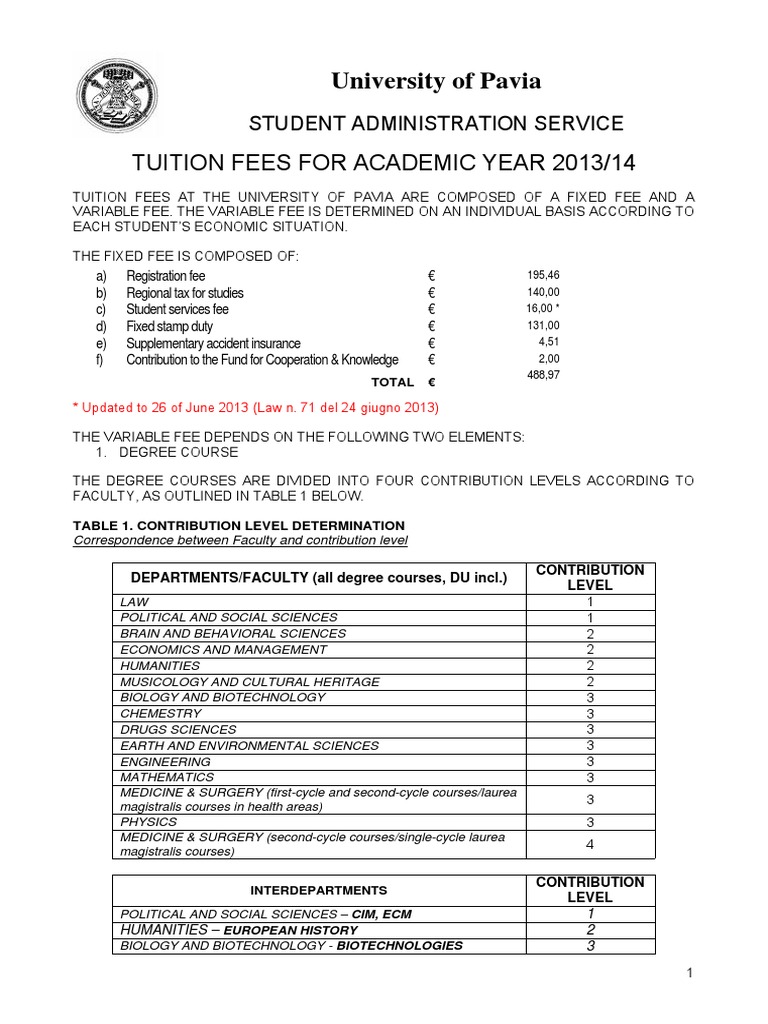Tuition Fees For Academic Year 2013/14: University of Pavia | PDF | Academic Degree | Fee