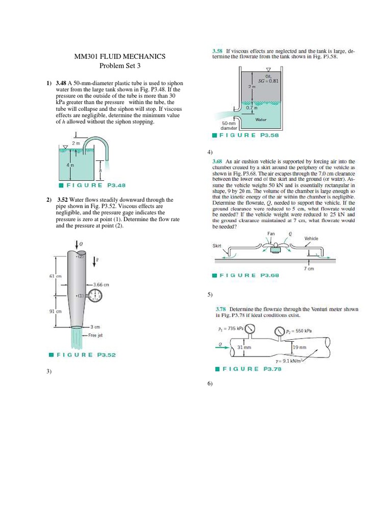 Mm301 Fluid Mechanics Problem Set 3 | PDF | Pressure | Fluid Dynamics