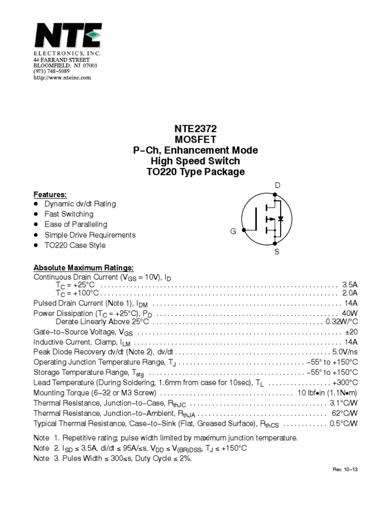 NTE2372 Mosfet P CH, Enhancement Mode High Speed Switch TO220 Type ...