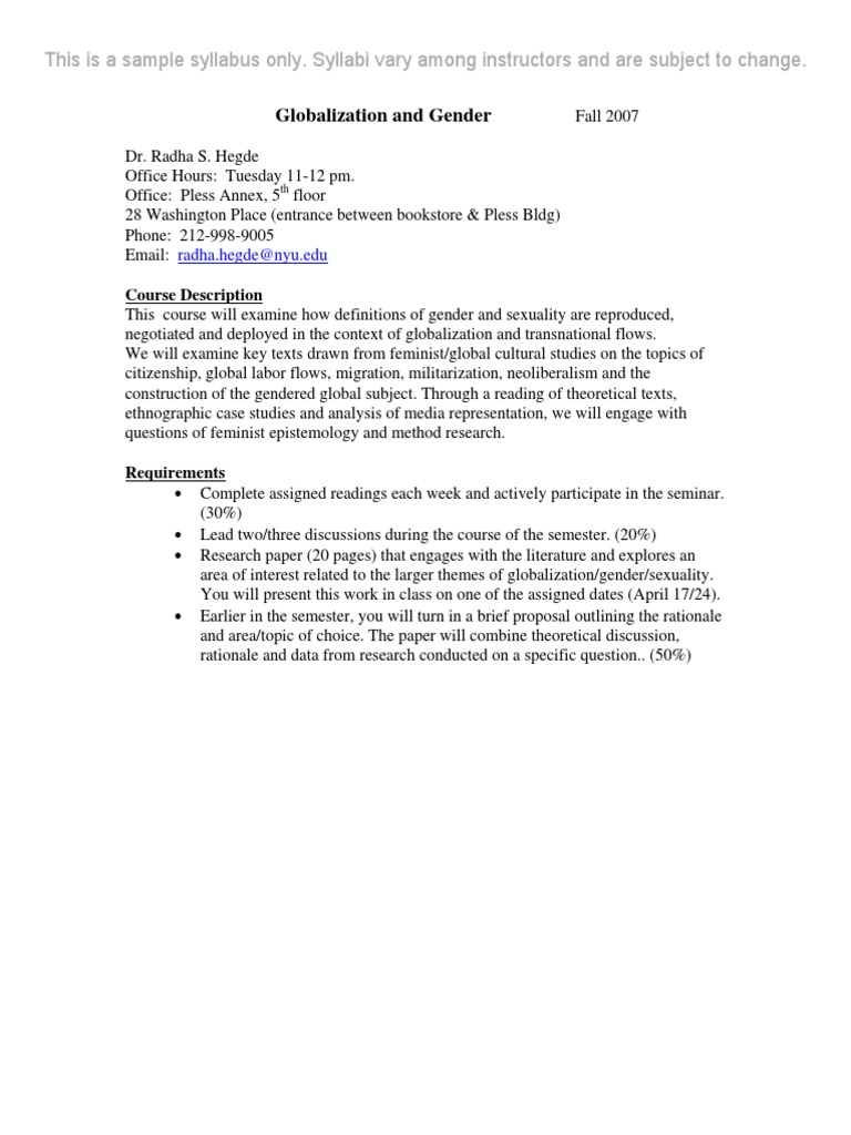 Globalization and Gender Studies Syllabus | PDF | Feminism | Gender Studies