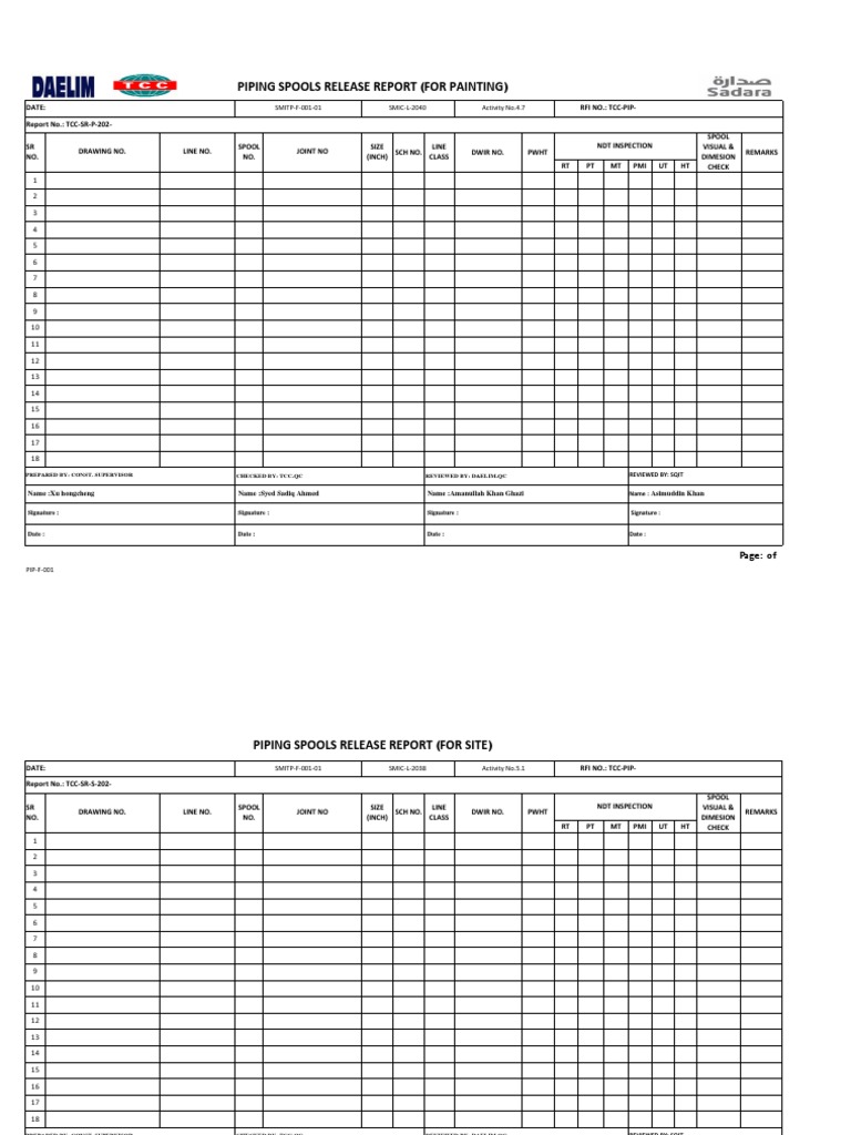 Piping Release Report (Spool For Paint)