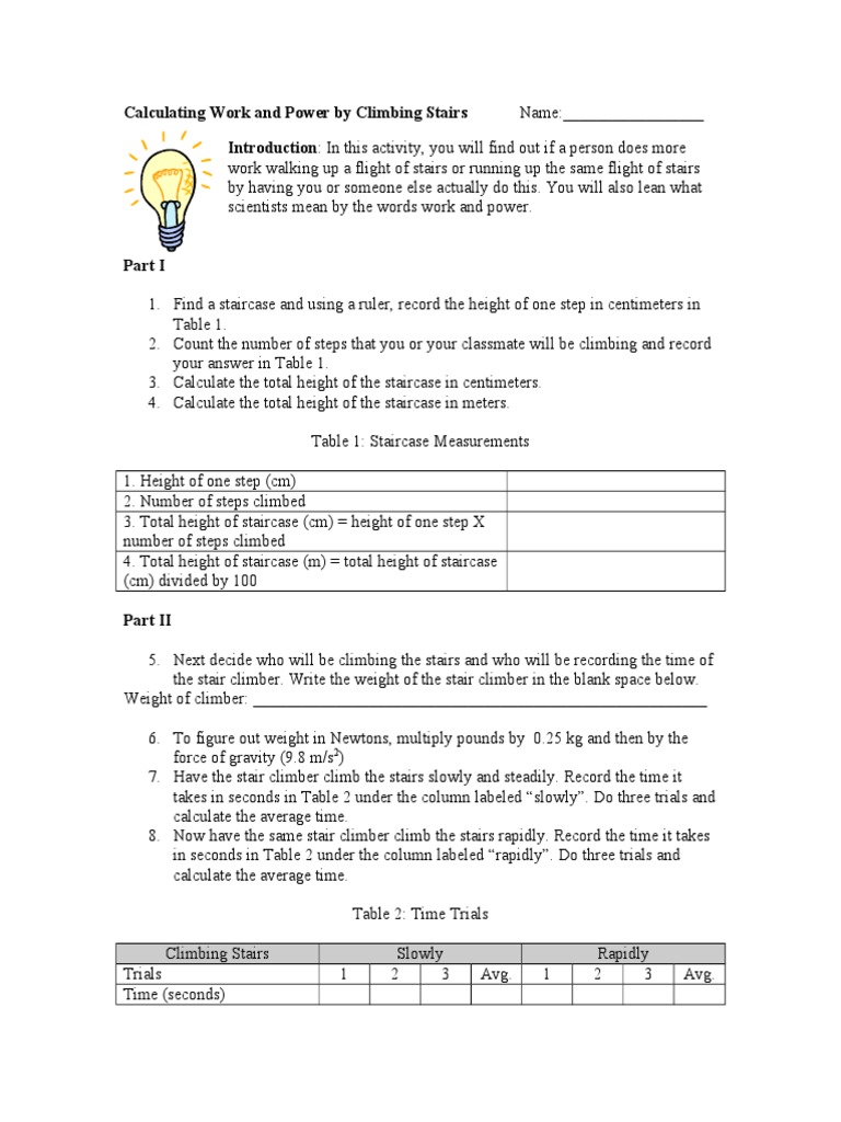 Calculating Work and Power by Climbing Stairs | PDF | Stairs | Physics