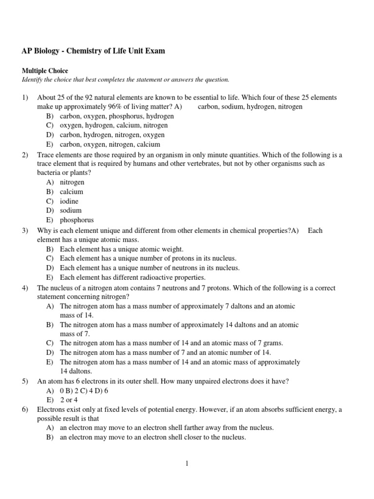 AP Biology: Chemistry of Life Exam | PDF | Atoms | Properties Of Water