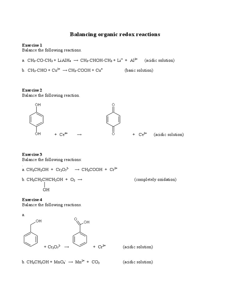 Exercises Organic Redox Plus Solution | PDF | Redox | Molecules