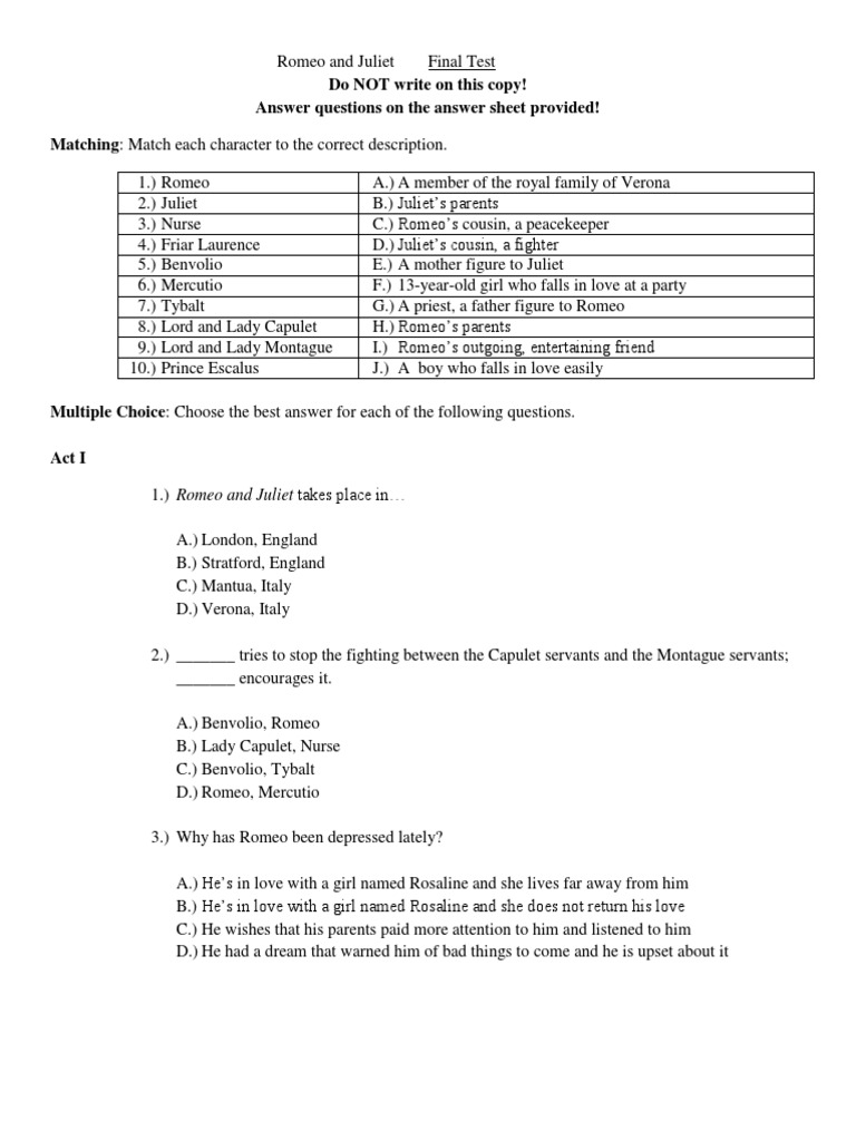 Romeo and Juliet Final Test Review | PDF | Characters In Romeo And ...