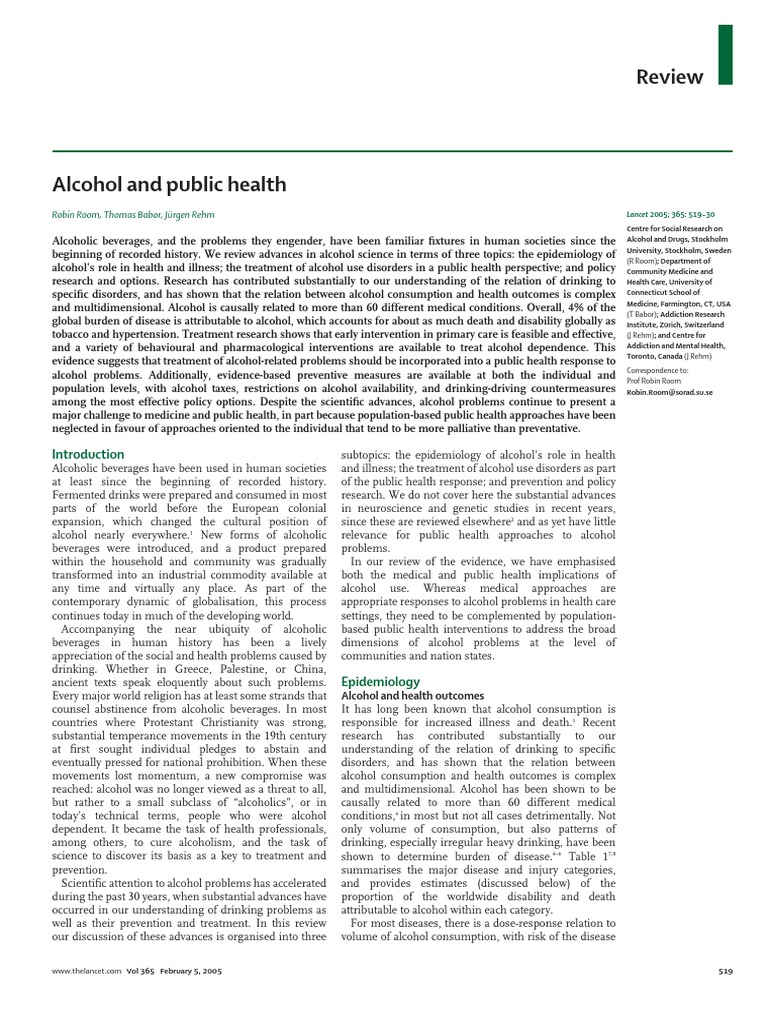 Alcohol and Public Health Robin Room, Thomas Babor, Jürgen Rehm | PDF ...