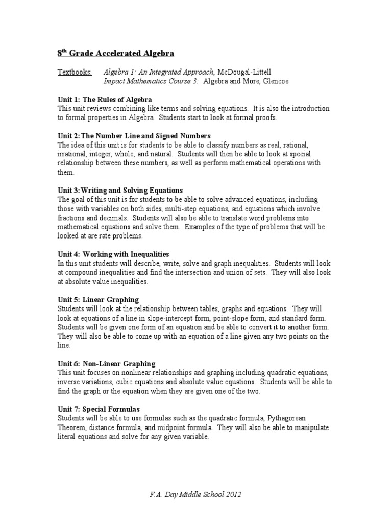 Accelerated Algebra for 8th Graders | PDF | Equations | Nonlinear System
