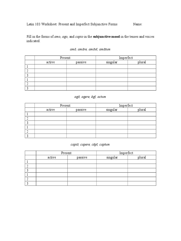 Subjunctive Forms Worksheet: Latin 103 | PDF
