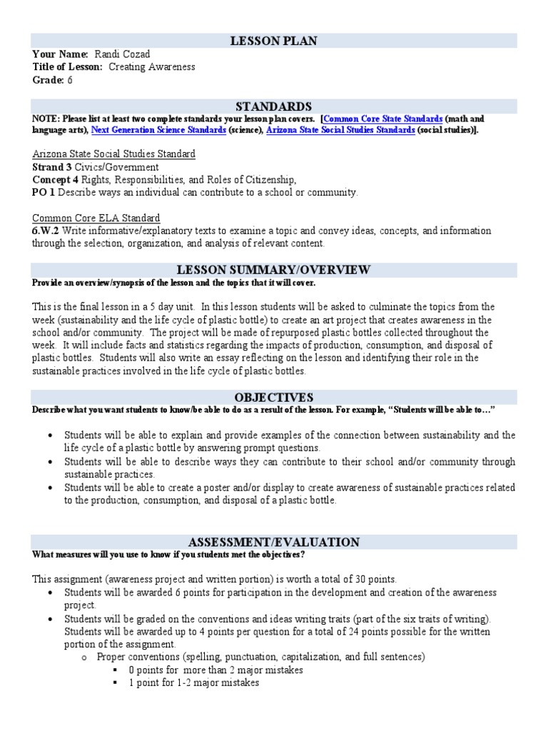 Day 5 - Creating Awareness Lesson Plan | PDF | Sustainability | Lesson Plan
