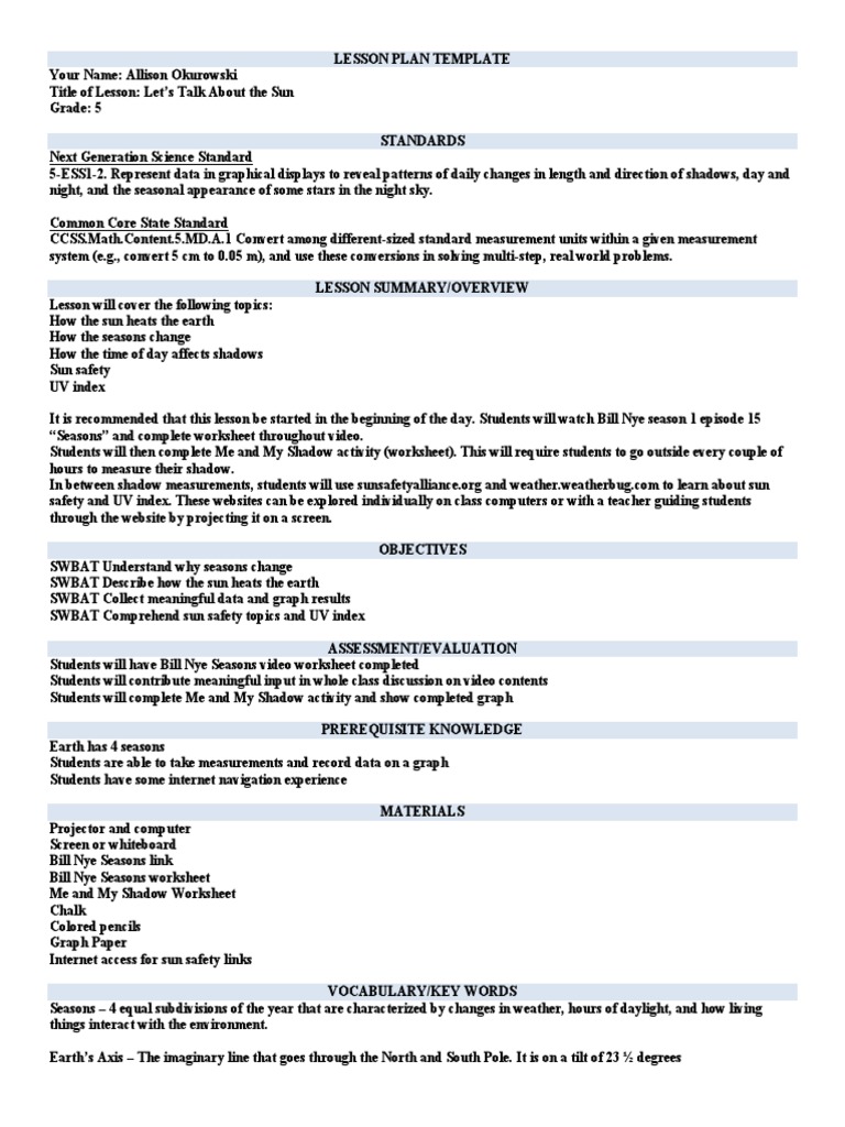 Ms Okurowskis Sun Safety Lesson Plan | PDF | Lesson Plan | Sun