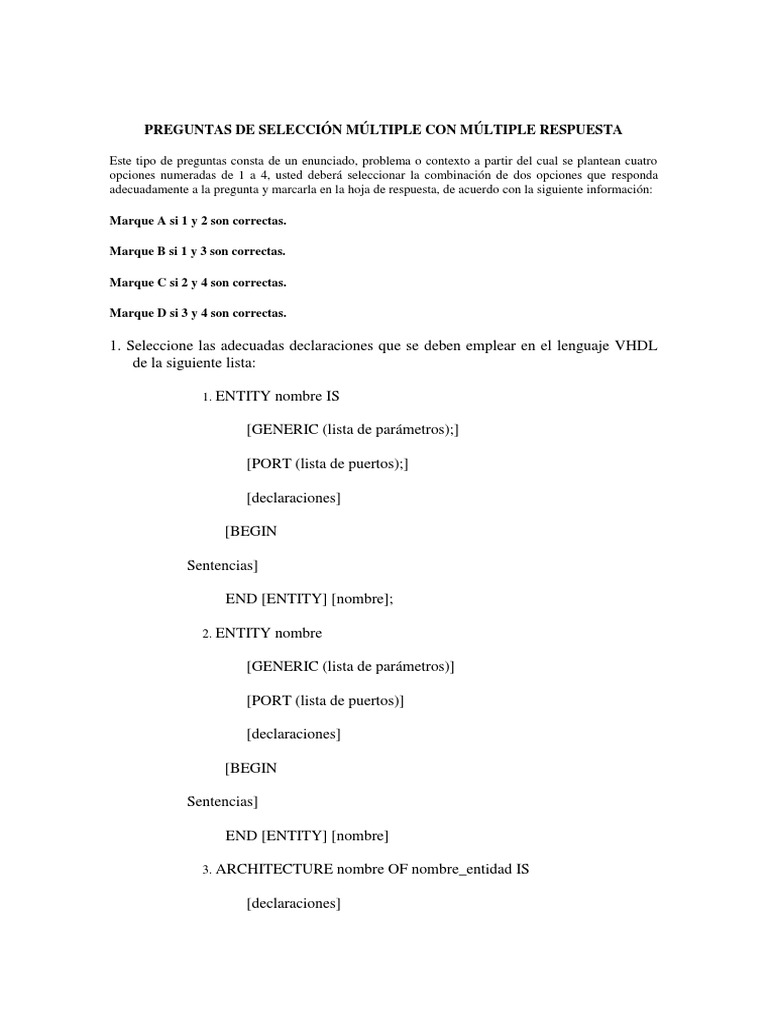 Ejemplos de Preguntas de Selección Múltiple | PDF | Vhdl | Lenguaje de ...