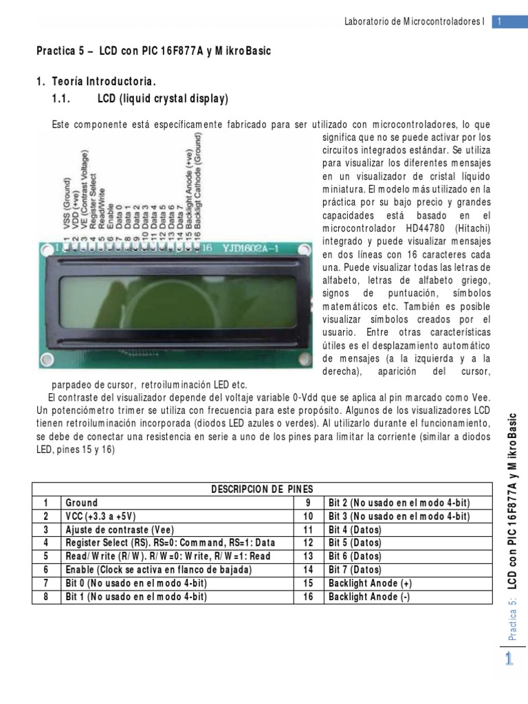 Lab5 LCD Con PIC 16F877A y MikroBasic | PDF | Pantalla de cristal líquido | Microcontrolador
