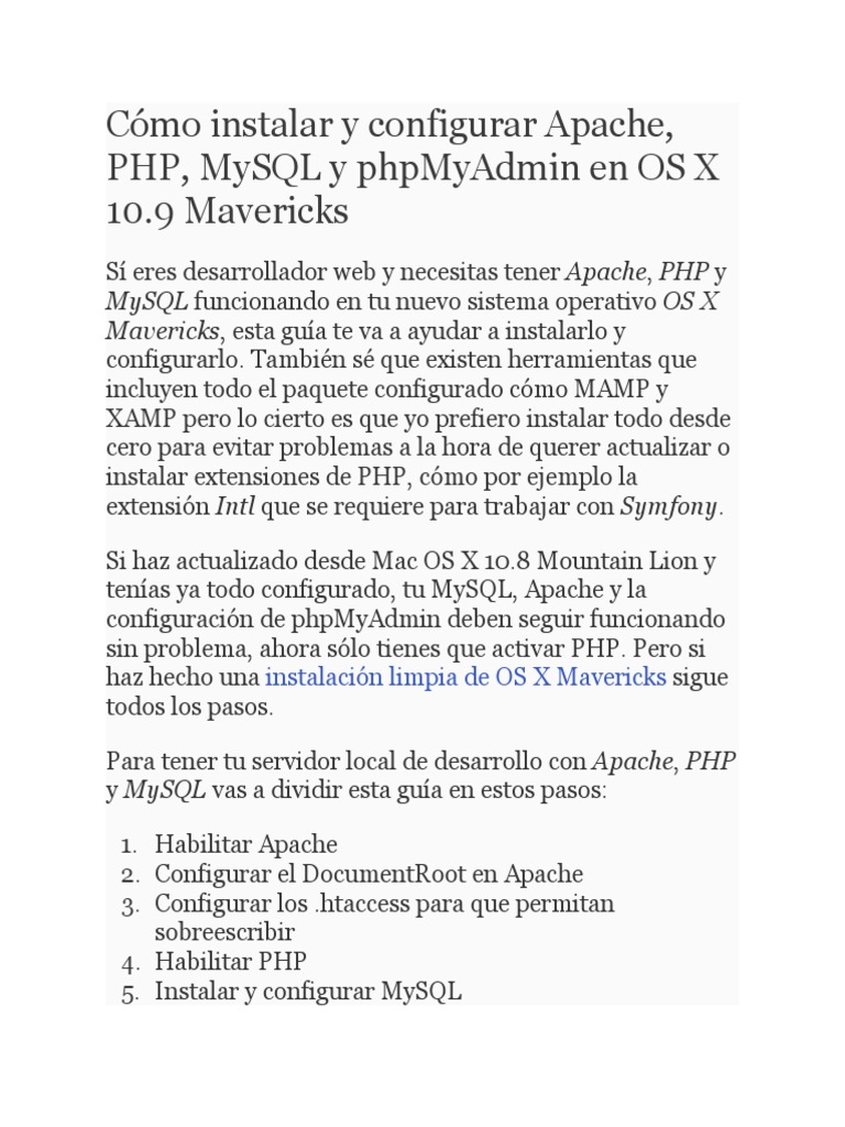 Cómo Instalar y Configurar Apache, PHP, MySQL y phpMyAdmin en OS X 10.9 Mavericks | PDF ...