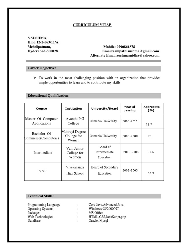 SUSHMA Resume1... | PDF | College | Java (Programming Language)