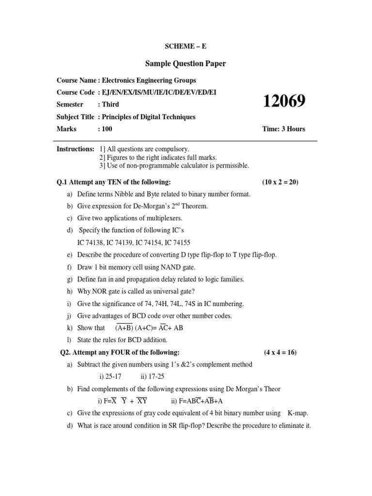 Sample Question Paper - Principles of Digital Techniques-12069 | PDF