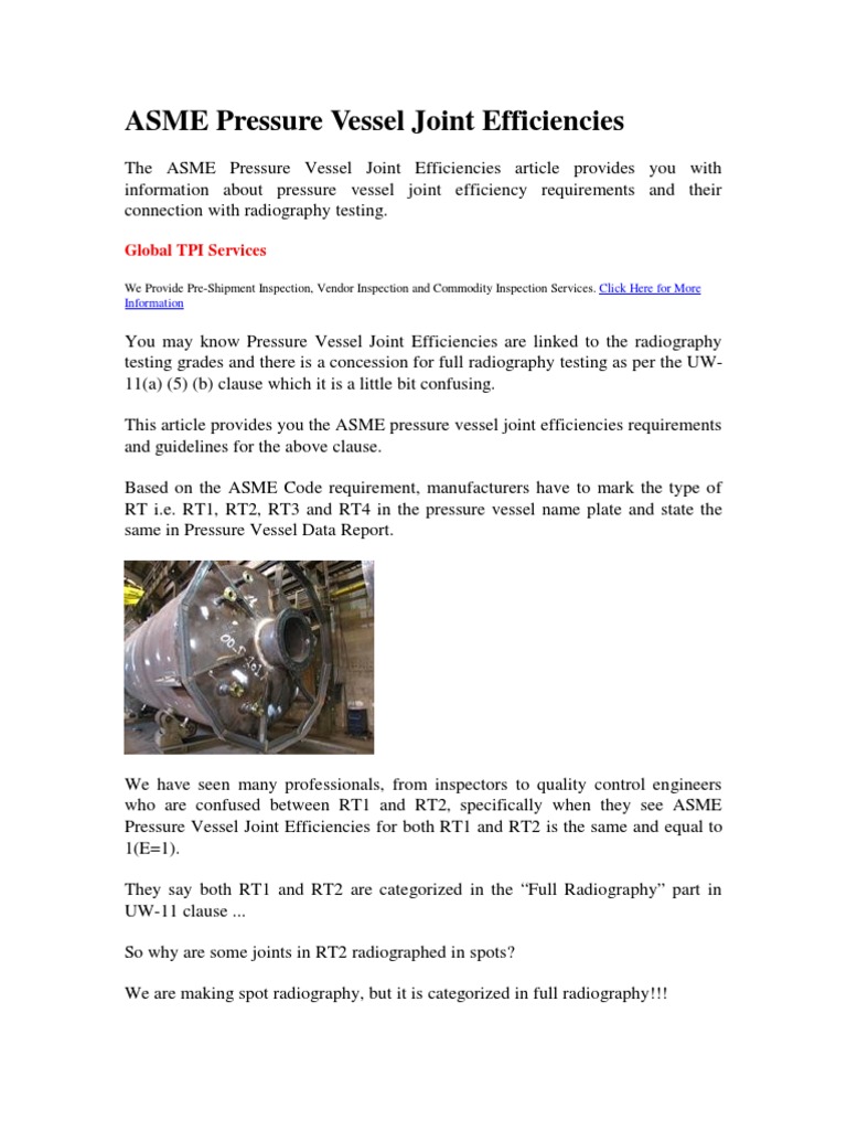 ASME Pressure Vessel Joint Efficiencies | PDF | Science & Mathematics ...