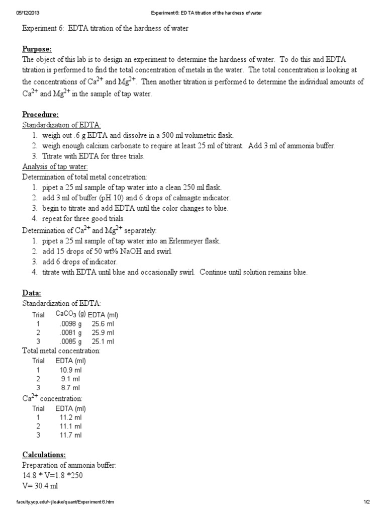 Experiment 6 - EDTA Titration of The Hardness of Water | PDF ...