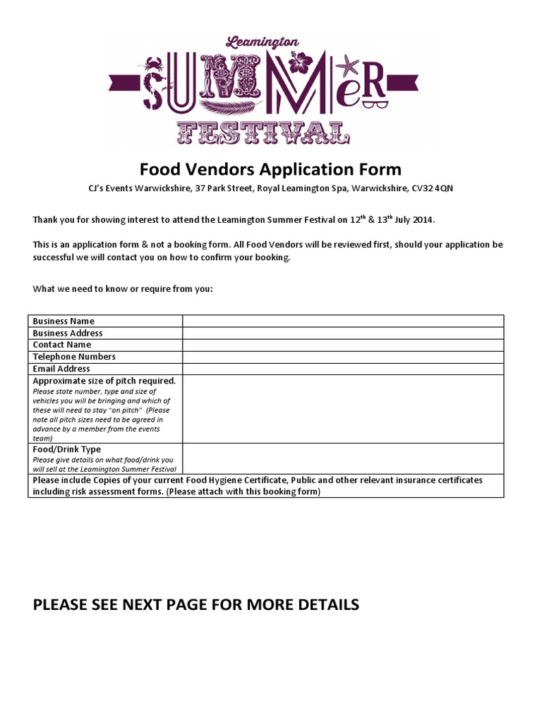 Food Vendors Application Form LSF2014 | PDF | Finance & Money Management
