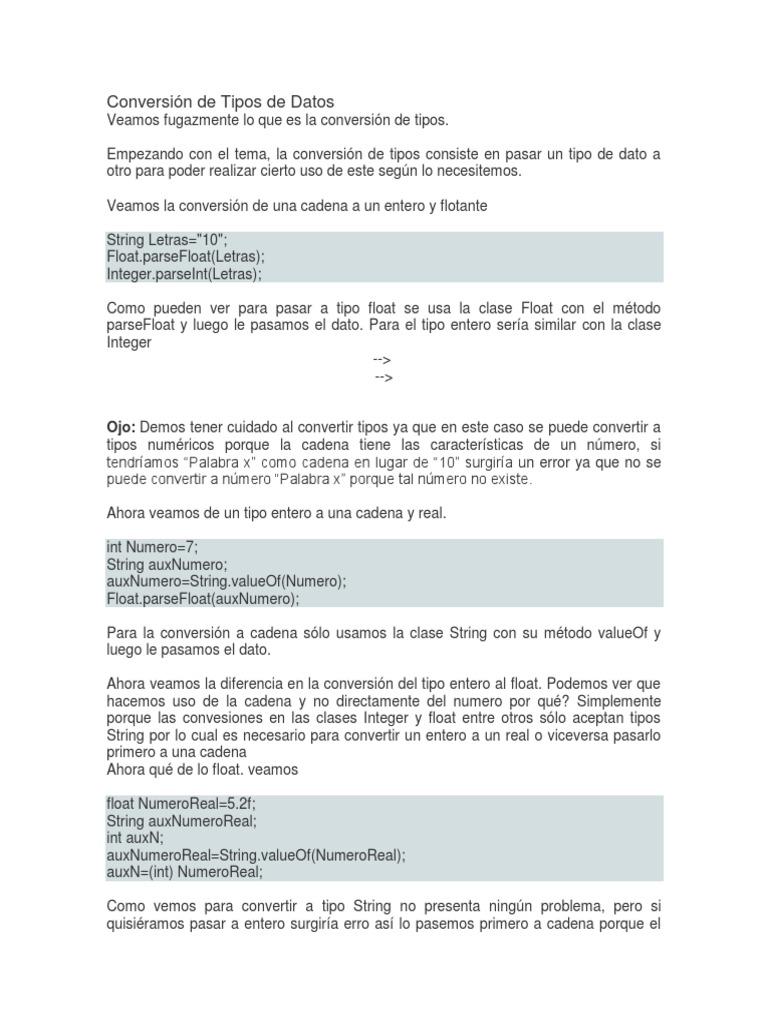 Conversión de Tipos de Datos | PDF | Tipo de datos | Java (lenguaje de programación)