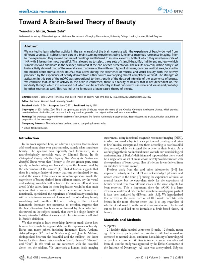 Towards A Brain-Theory of Beauty | PDF | Cerebral Cortex | Aesthetics