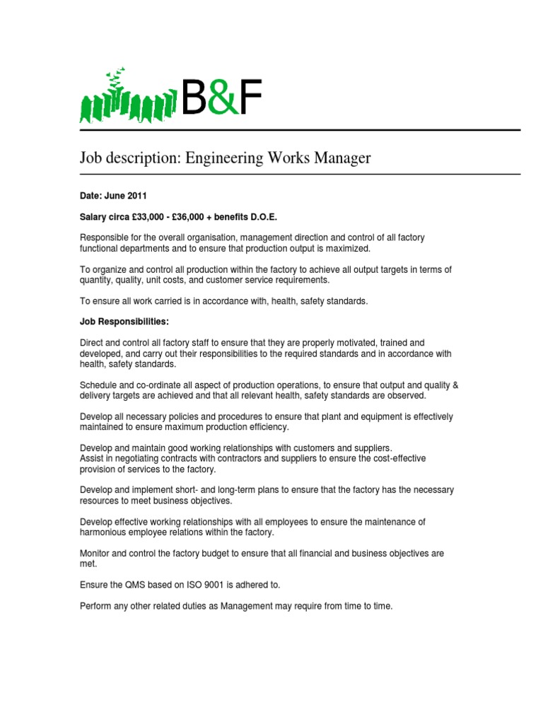 Works Manager Job Description | PDF | Employment | Supply Chain