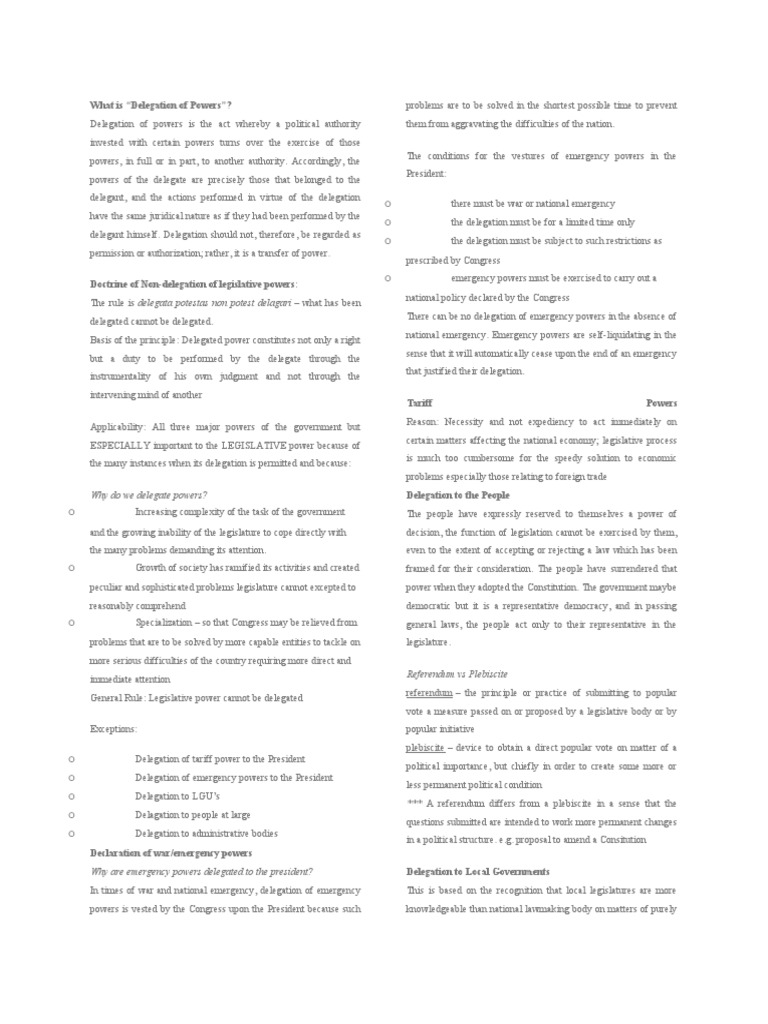 Delegation of Powers | PDF | State Of Emergency | United States Congress