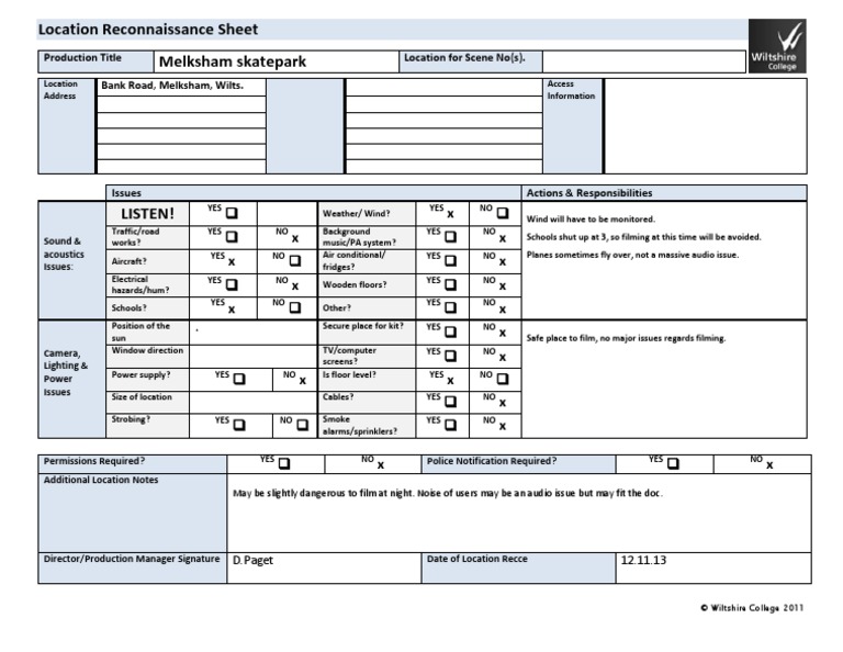 Location Reconnaissance Sheet 11 | PDF