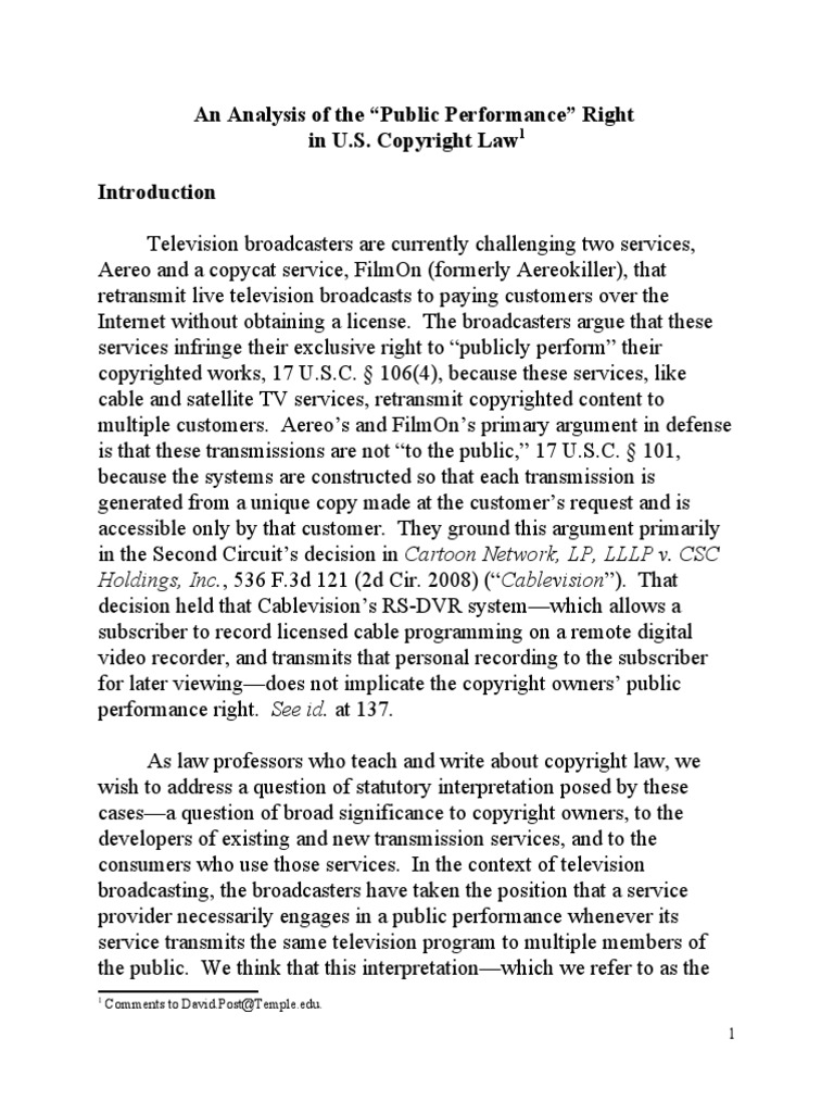 Analysis of The Public Performance Right Under US Copyright Law | PDF ...
