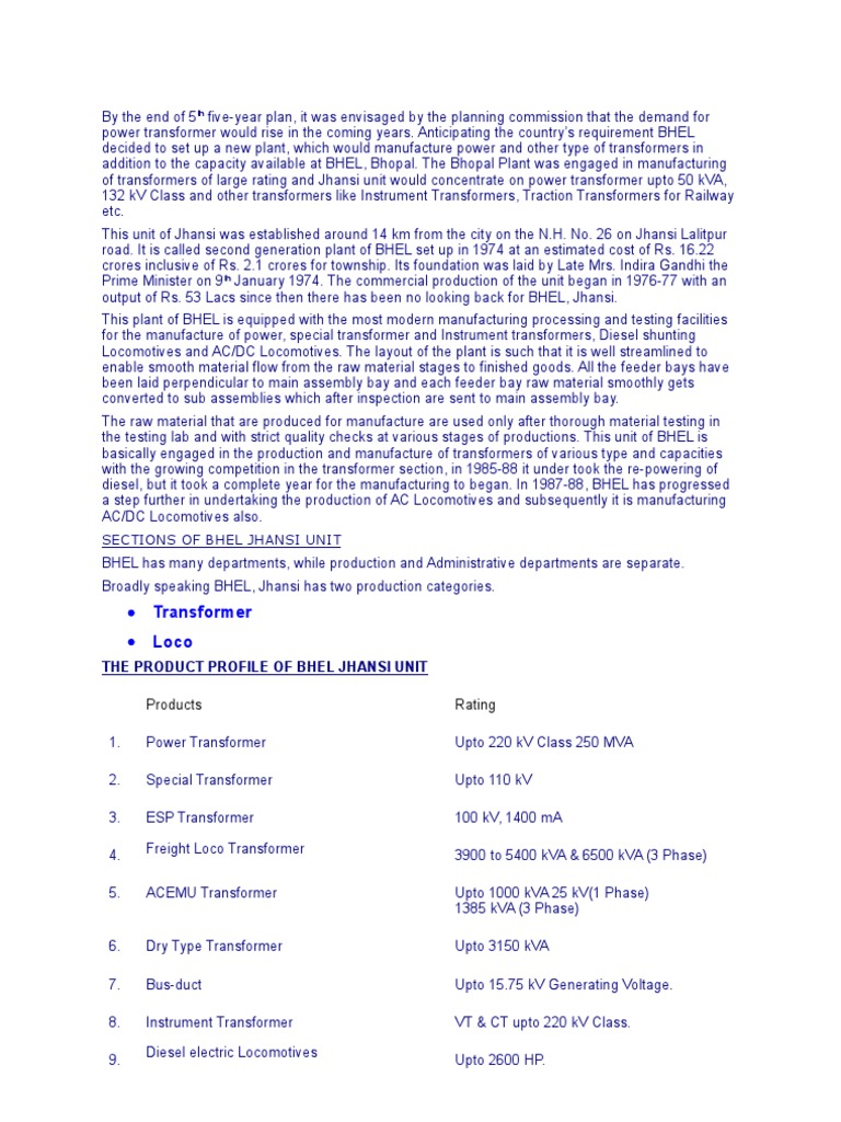 Transformer Loco: The Product Profile of Bhel Jhansi Unit | PDF ...