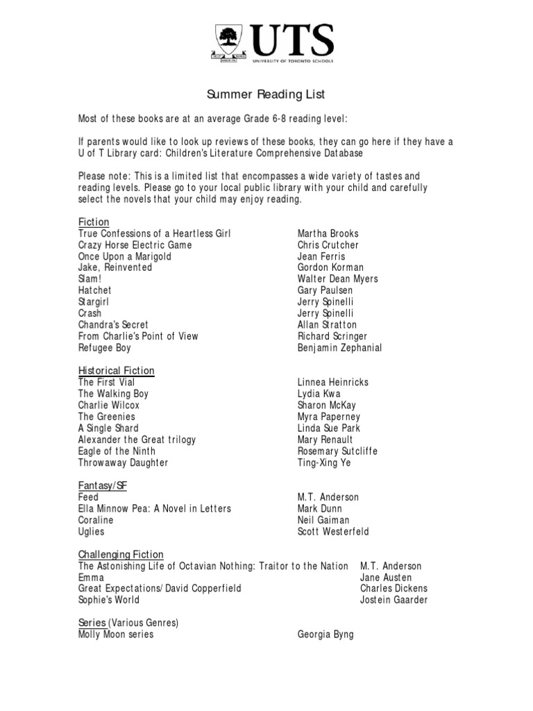 Summer Reading List for Grades 6-8 | PDF | Novels | Children's Literature