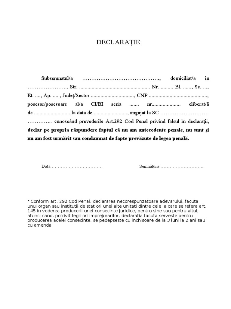 Declaratie Pe Proprie Raspundere-Fara Antecedente Penale | PDF