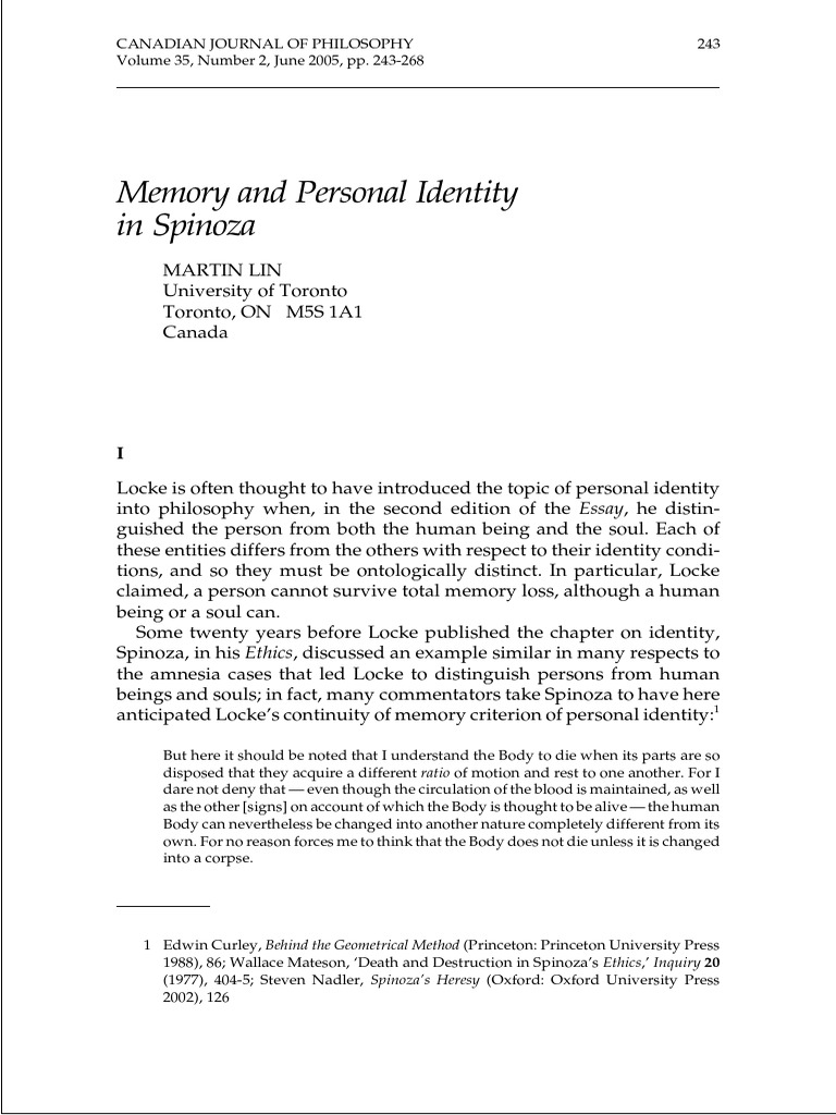 Memory and Personal Identity in Spinoza | PDF | Baruch Spinoza | Mind