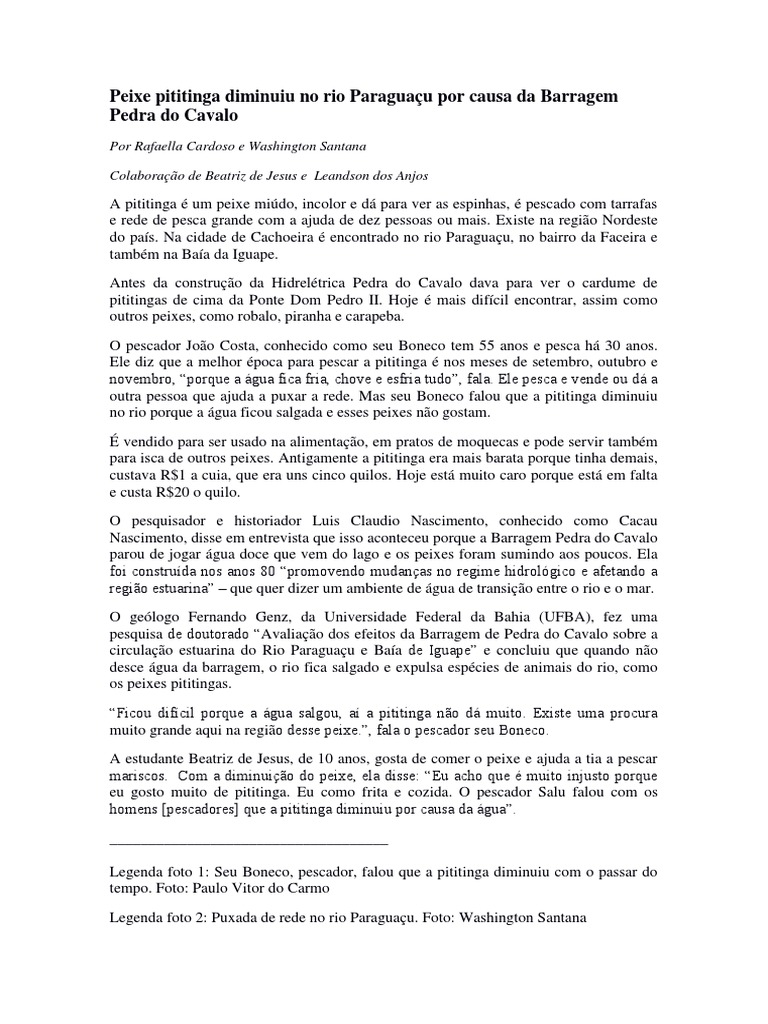 Impacto da Barragem no Peixe Pititinga | PDF | Pesca | Peixes