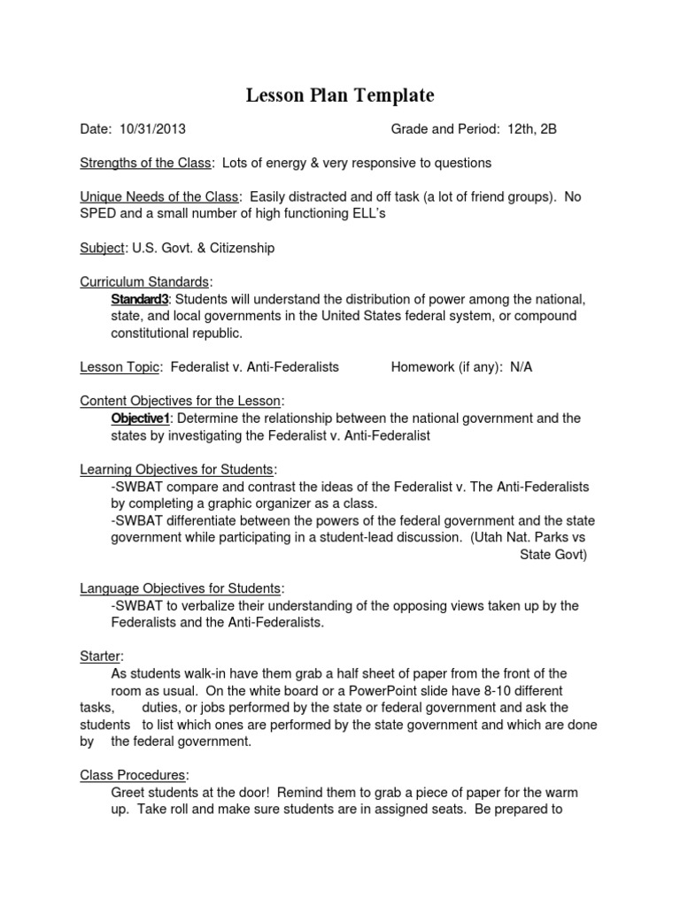 Mini-Lesson 1 10 28 13 Edited | PDF | Federalism | Educational Assessment