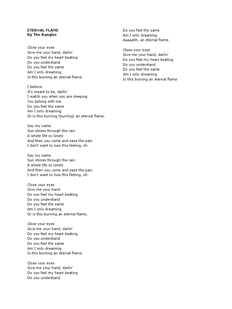 Eternal Flame Lyrics by The Bangles | PDF | Leisure | Entertainment ...