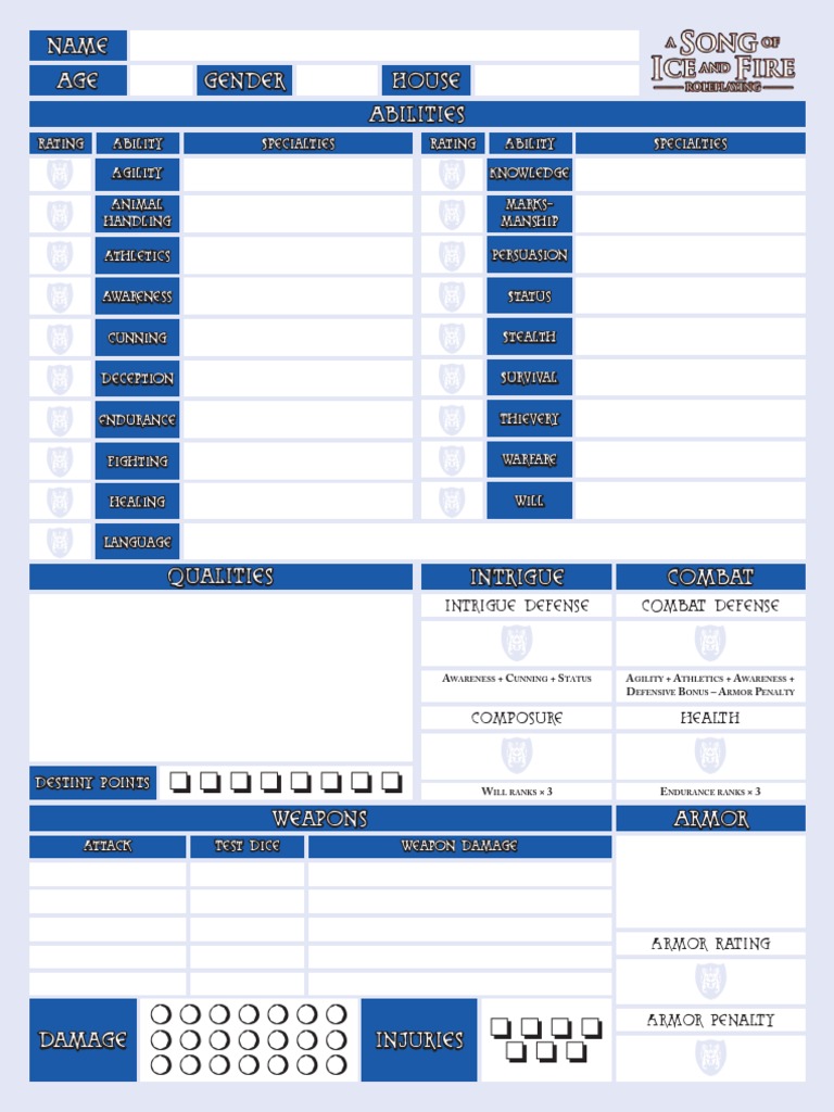 A Song of Ice and Fire Character Sheet | PDF | Gaming | Leisure