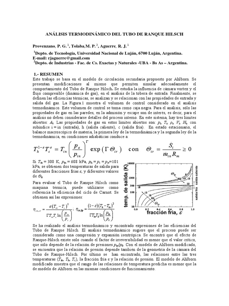 Análisis Termodinámico Del Tubo de Ranque Hilsch PDF | PDF ...