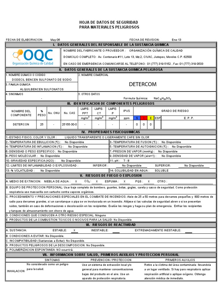 Hoja de Seguridad: Dodecilbenceno Sulfonato | PDF